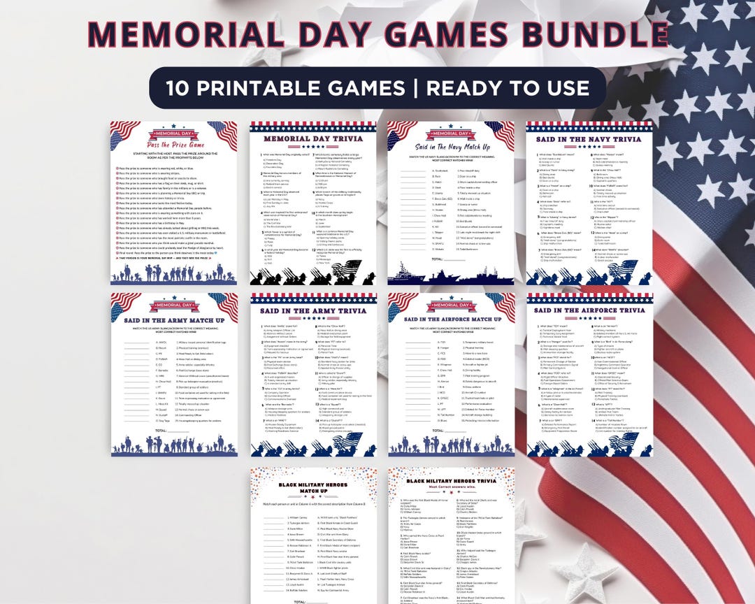 Memorial Day Games Bundle, Fun Party Games, Trivia, Match-up, Pass the ...