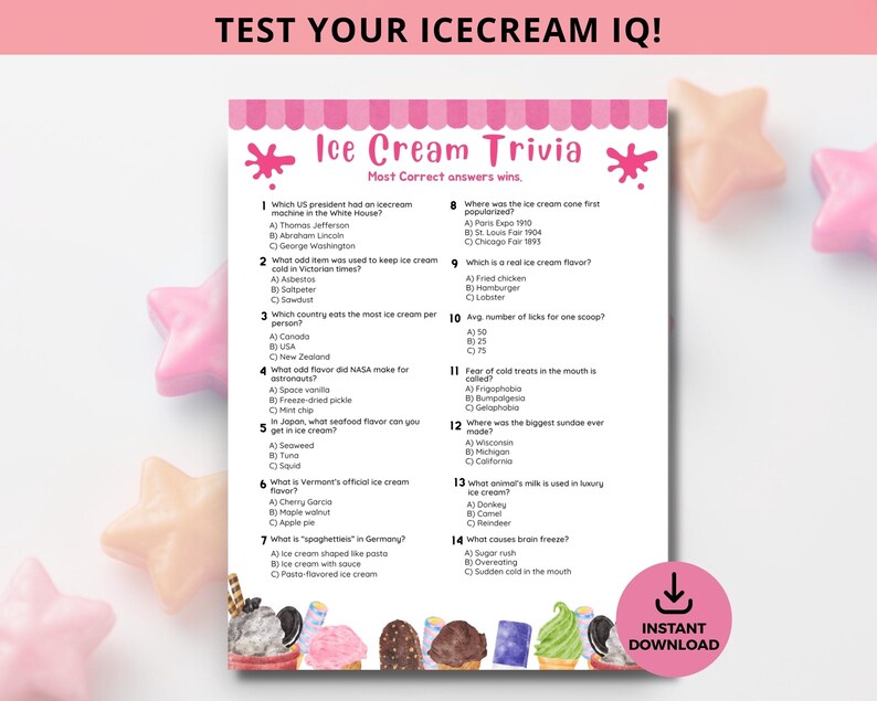 Ice Cream Trivia Summer Game, Ice Cream Themed Birthday Party Game ...