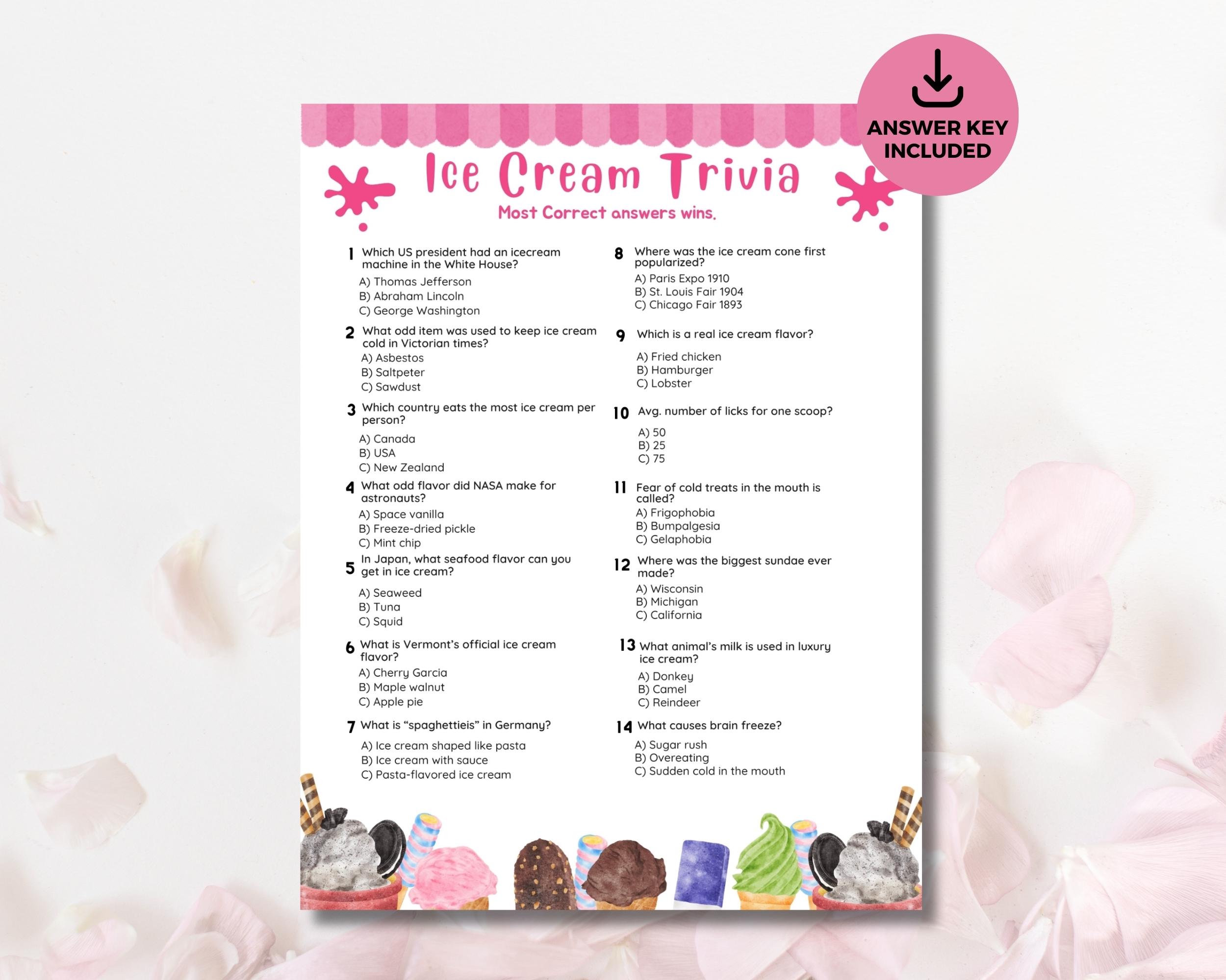 Ice Cream Trivia Summer Game, Ice Cream Themed Birthday Party Game ...