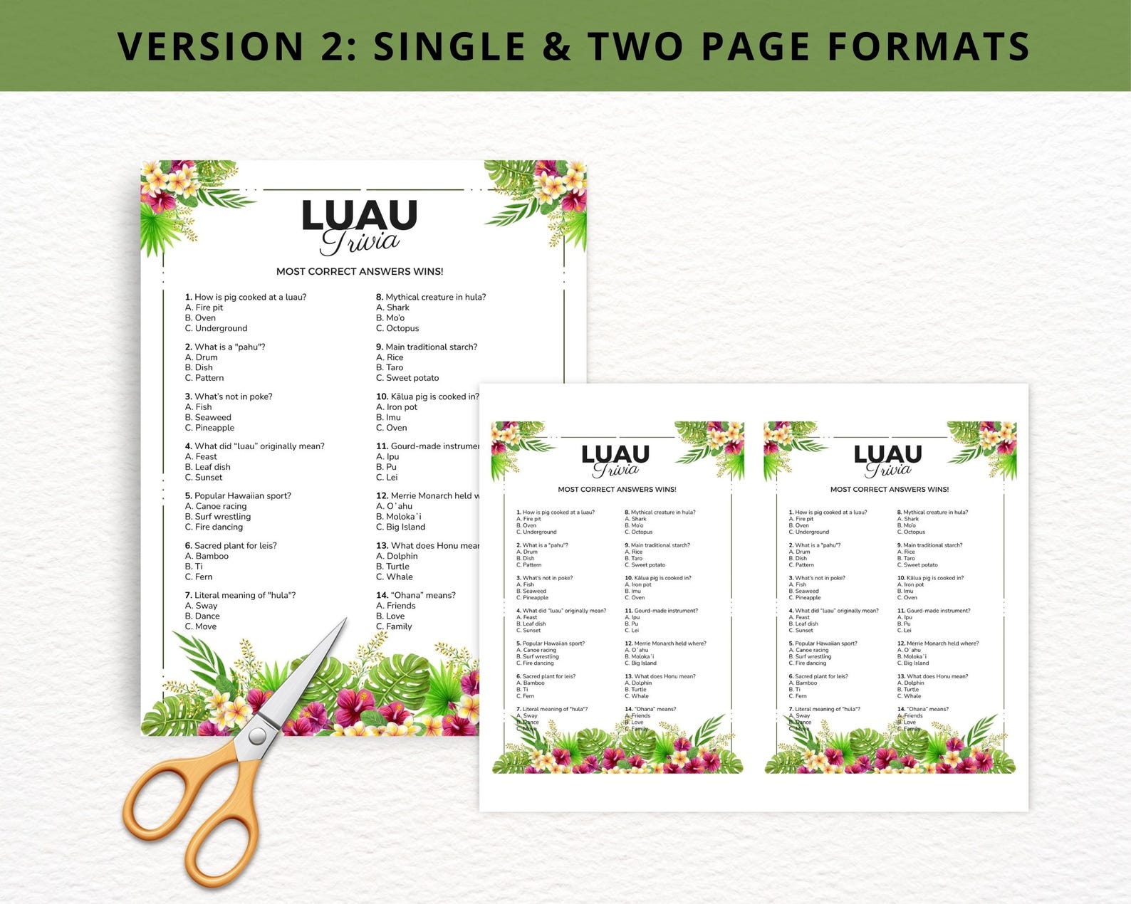 Luau Trivia Game & Match Up, Hawaiian Party, Summer Beach Game ...