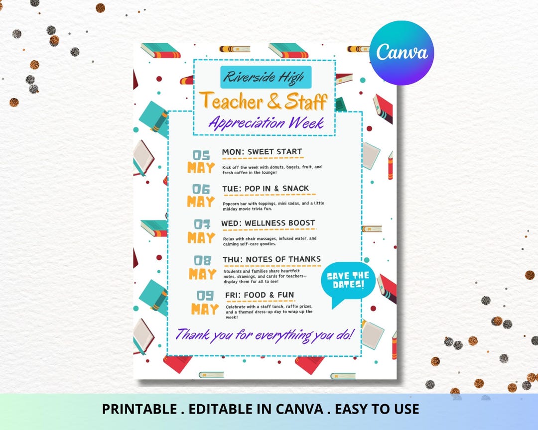 Editable Teacher Appreciation Week Flyer, Editable Schedule for Staff ...