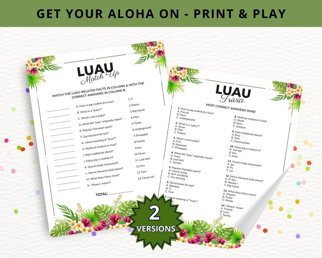 Luau Trivia Game & Match Up, Hawaiian Party, Summer Beach Game ...