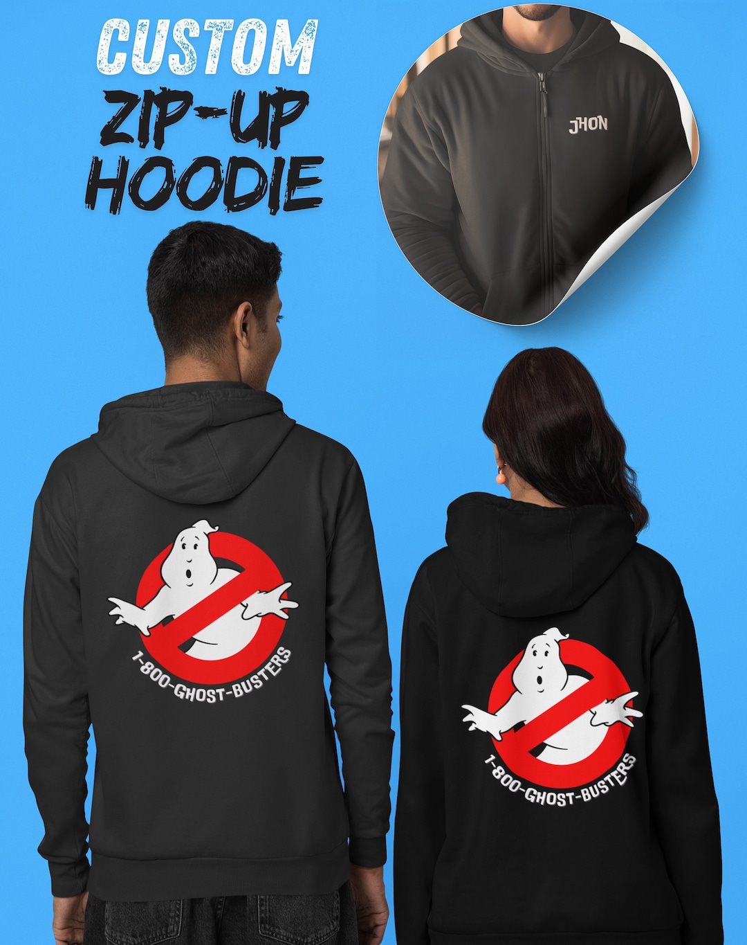 Retro Ghostbuster Inspired Halloween Zip Hoodie - Ghostbuster Sweatshirt - GB Uniform Zip-up ...