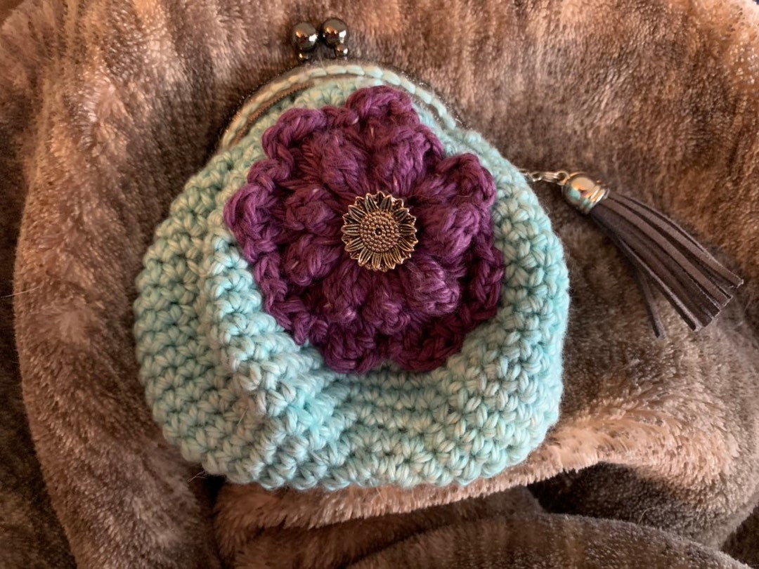 Handmade Crochet Change Purse With Kisslock Closure Flower Appliqué - Etsy
