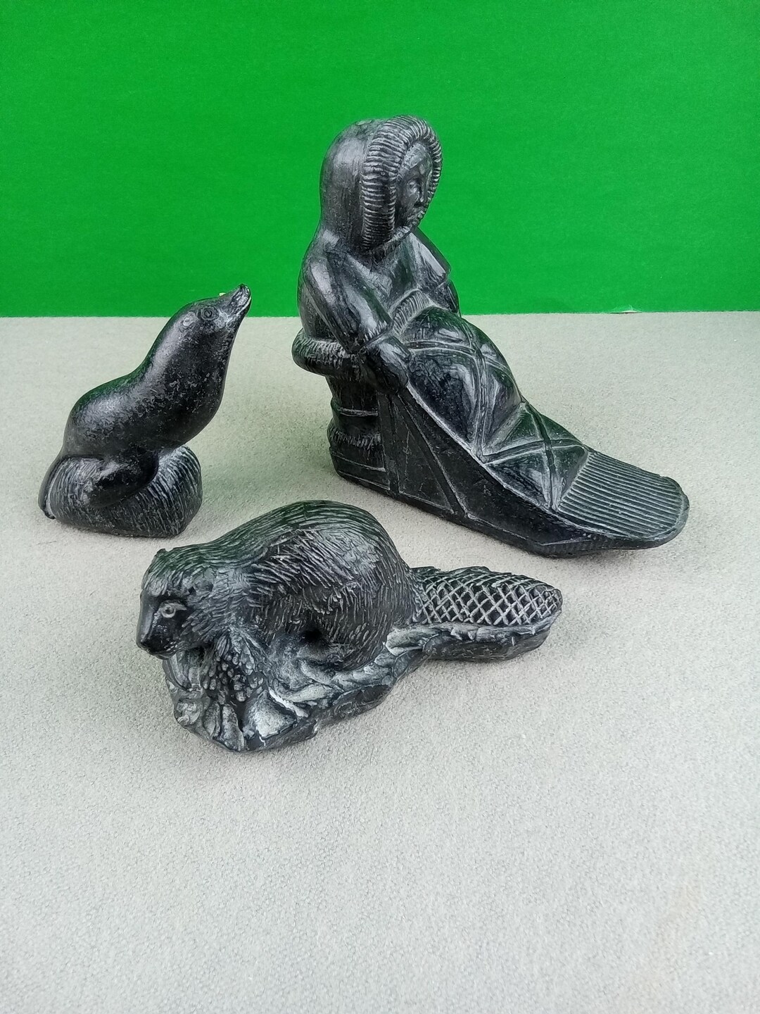 3pc Carved Inuit Sculptures Wolf Original 5" Musher WE 3" Seal 4 ...