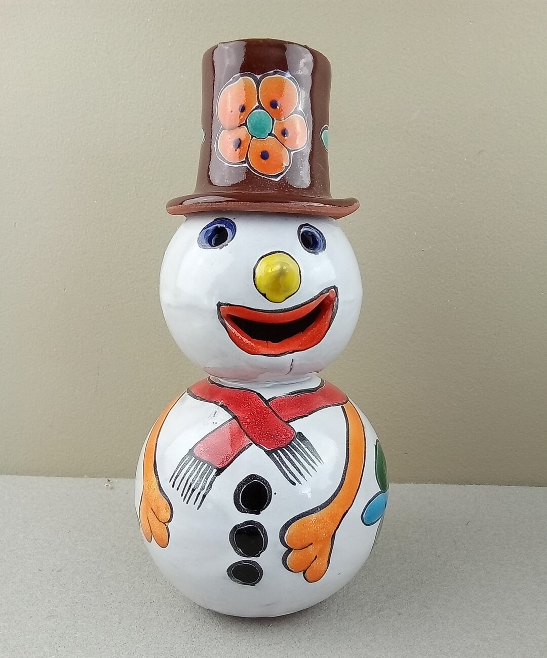 Snowman Mexico Painted Red Clay Flowered Talavera 10 Christmas Figurine ...