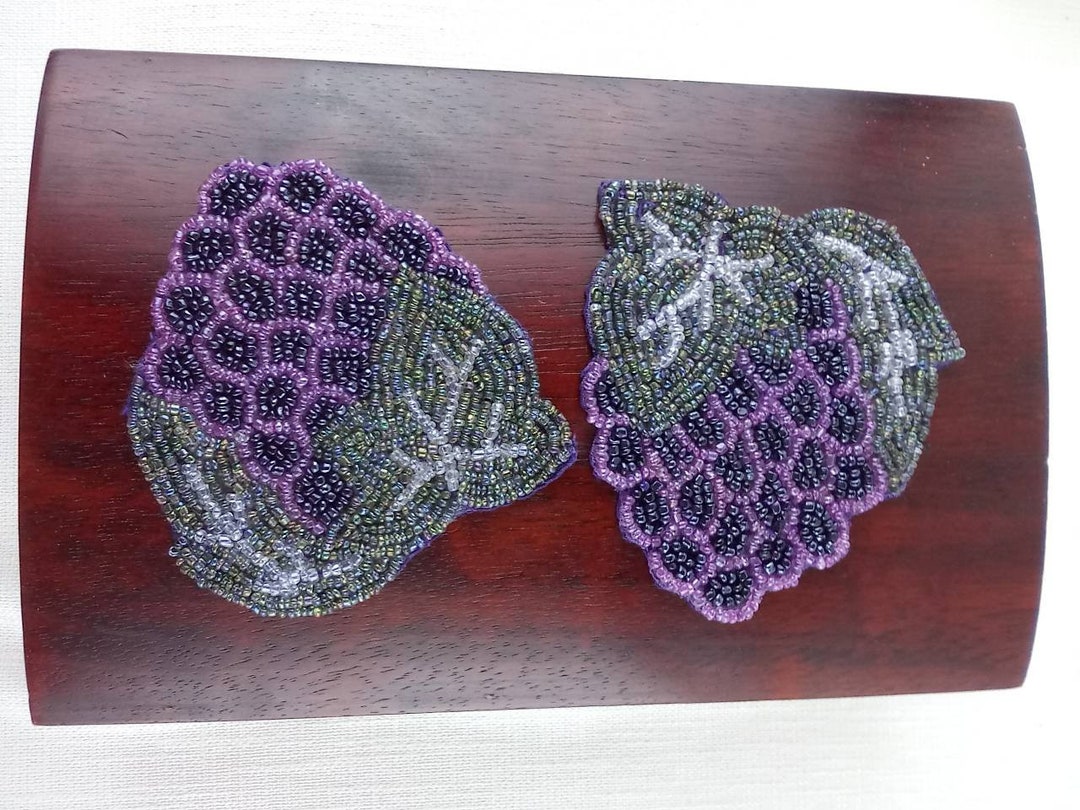 2 Vintage Hand Beaded Applique Bunch Grape With Leaves Czech Glass ...
