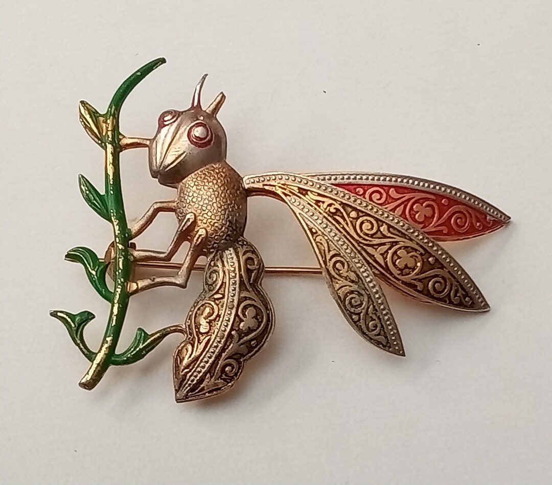 Damascene Figural Enamel Winged Bug Wasp Brooch Pin 50's Marked Spain ...