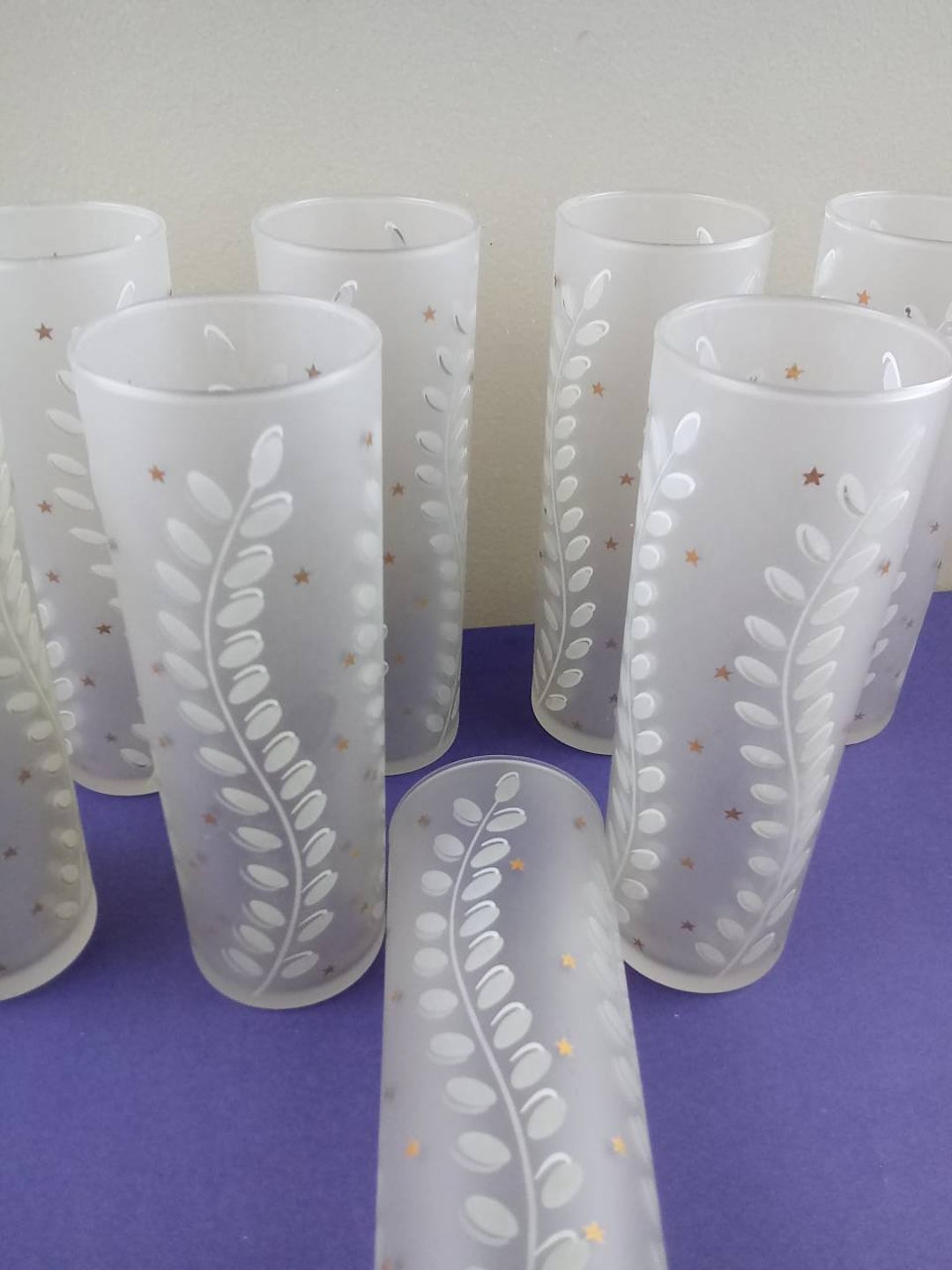 8 Libbey Collins Zombie Frosted Glasses Ferns and Gold Stars 12oz ...