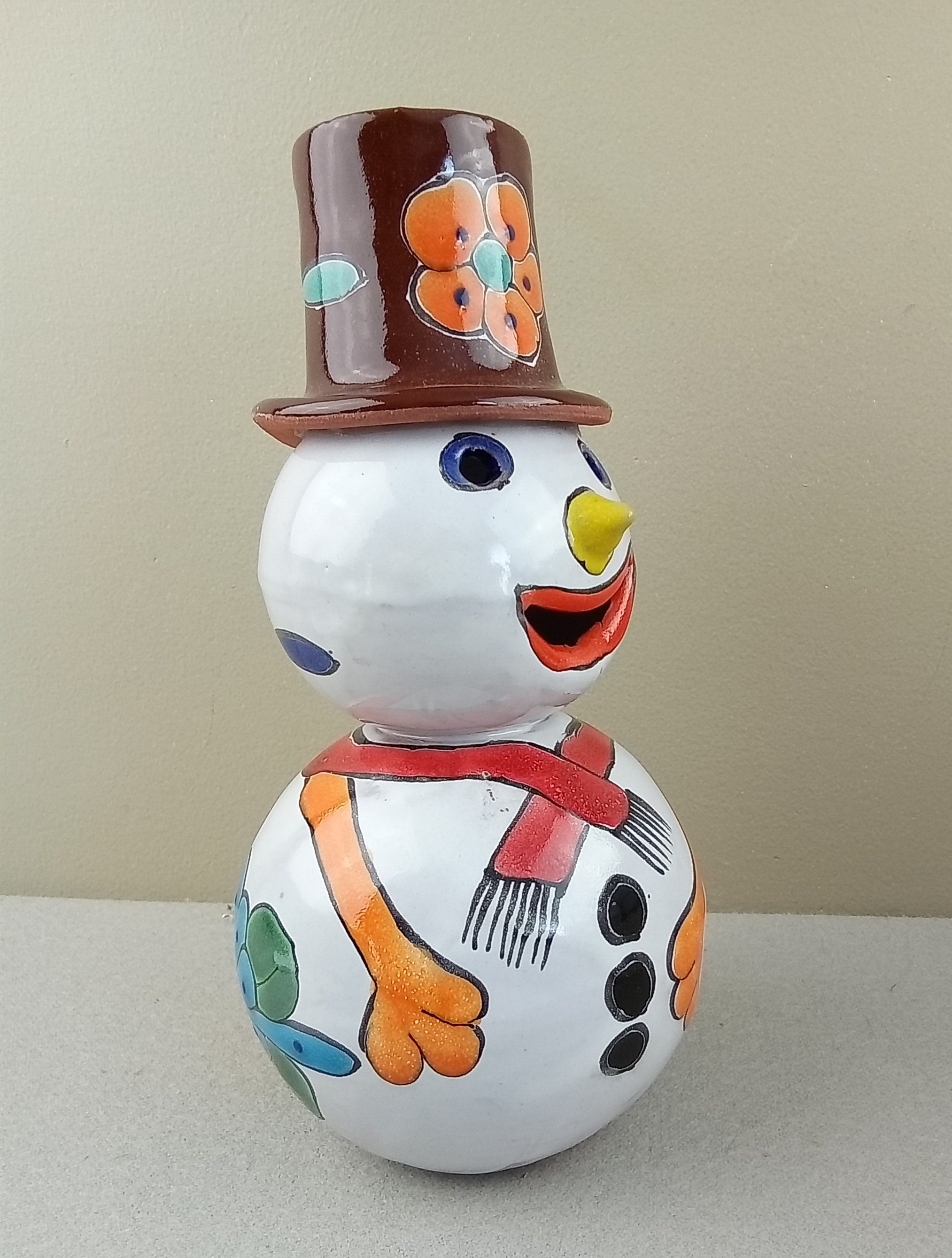 Snowman Mexico Painted Red Clay Flowered Talavera 10 Christmas Figurine ...