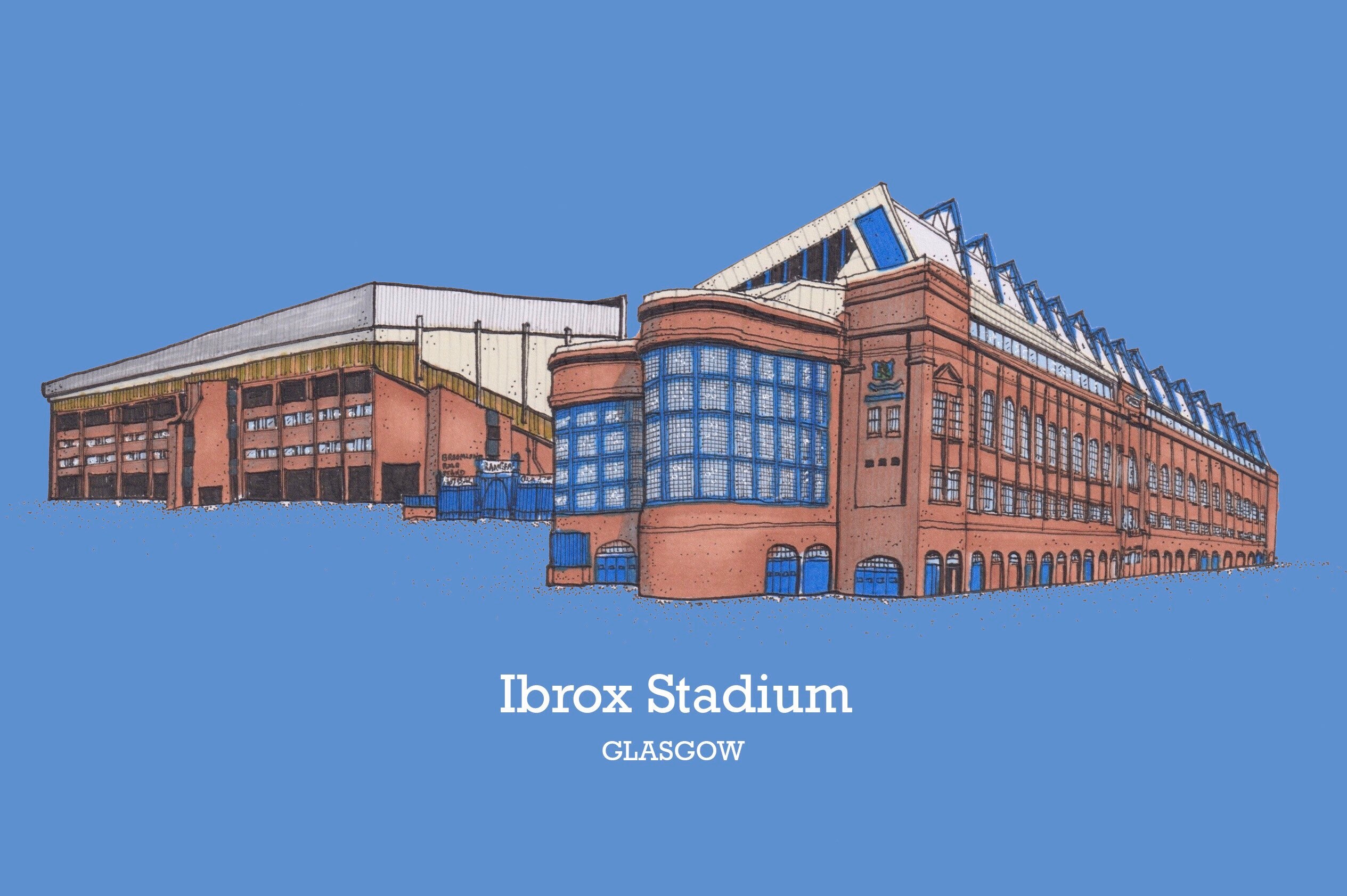 Ibrox Stadium Glasgow on blue by Steven McClure signed | Etsy
