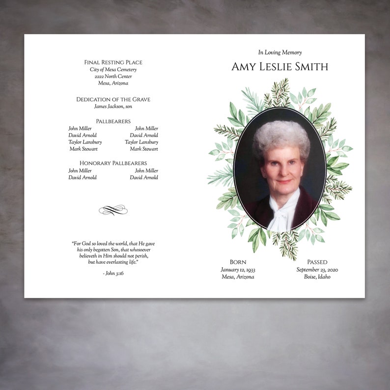 Woman's Green Leaves Funeral Program Template Google - Etsy