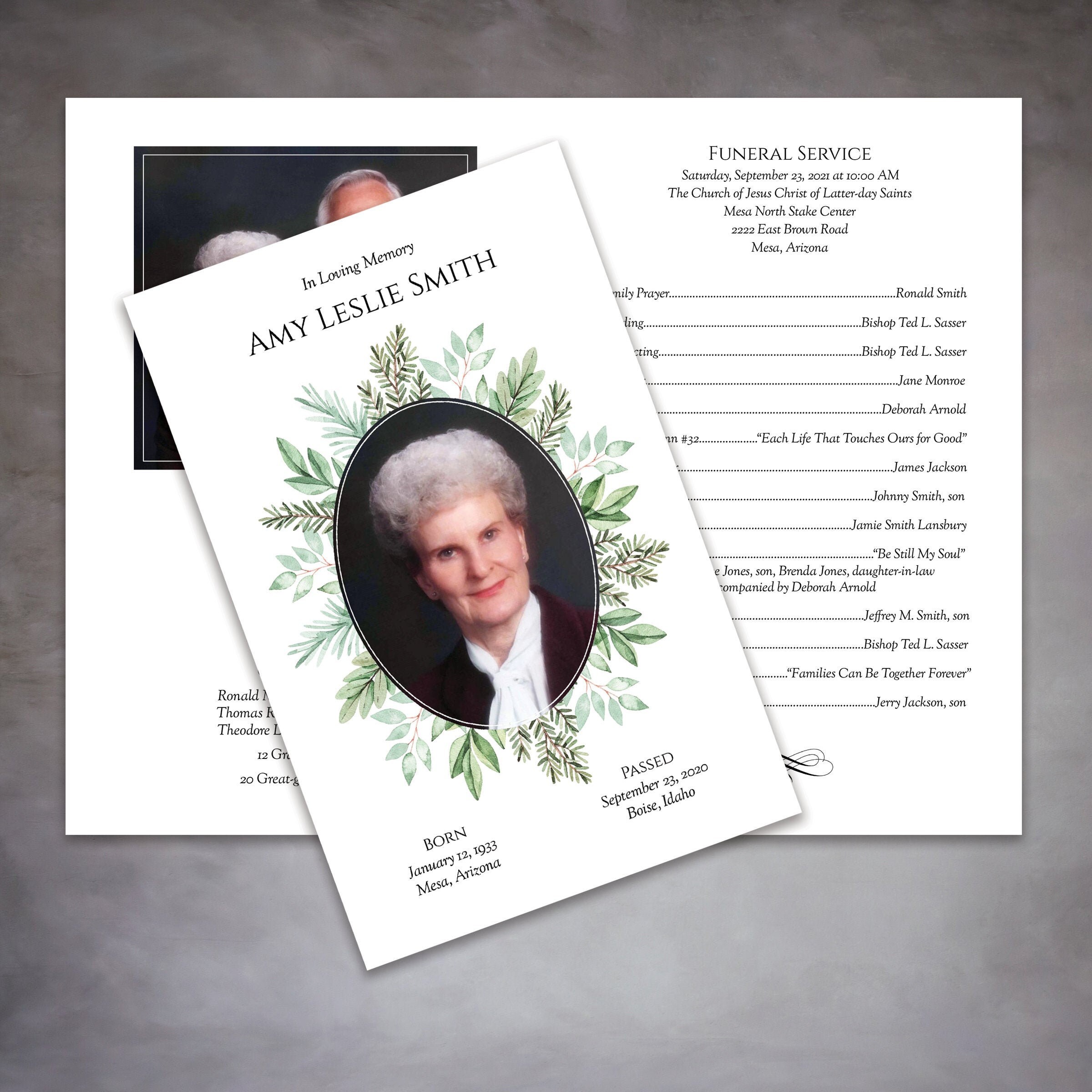 Woman's Green Leaves Funeral Program Template Google - Etsy
