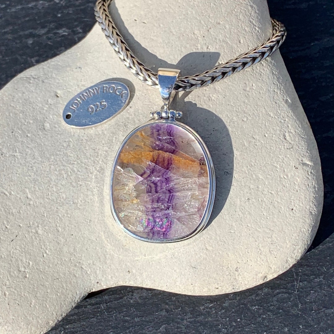 Bicolour Gemmy Blue John Oval Pendant, Handmade in 925 Sterling Silver ...