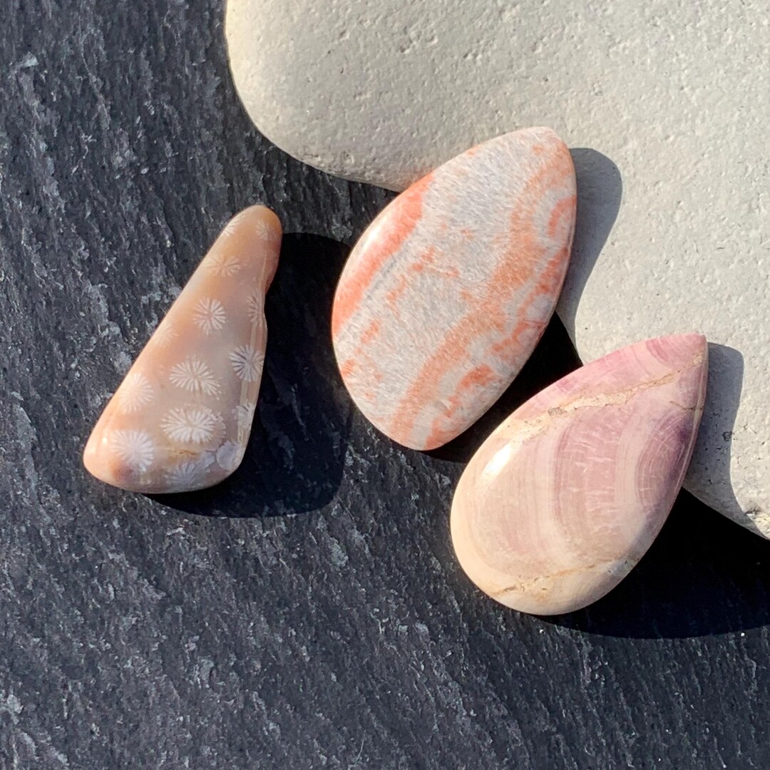 Trio of English Fossil and Gemstone Cabochons, Set of 3 Handmade UK ...