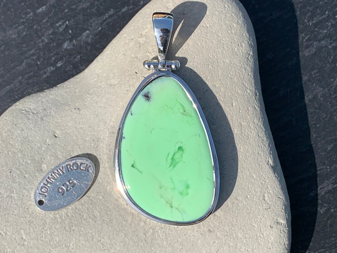 Rare Lime Green Chrysoprase Freeform Cabochon Pendant, Handmade in 925 ...