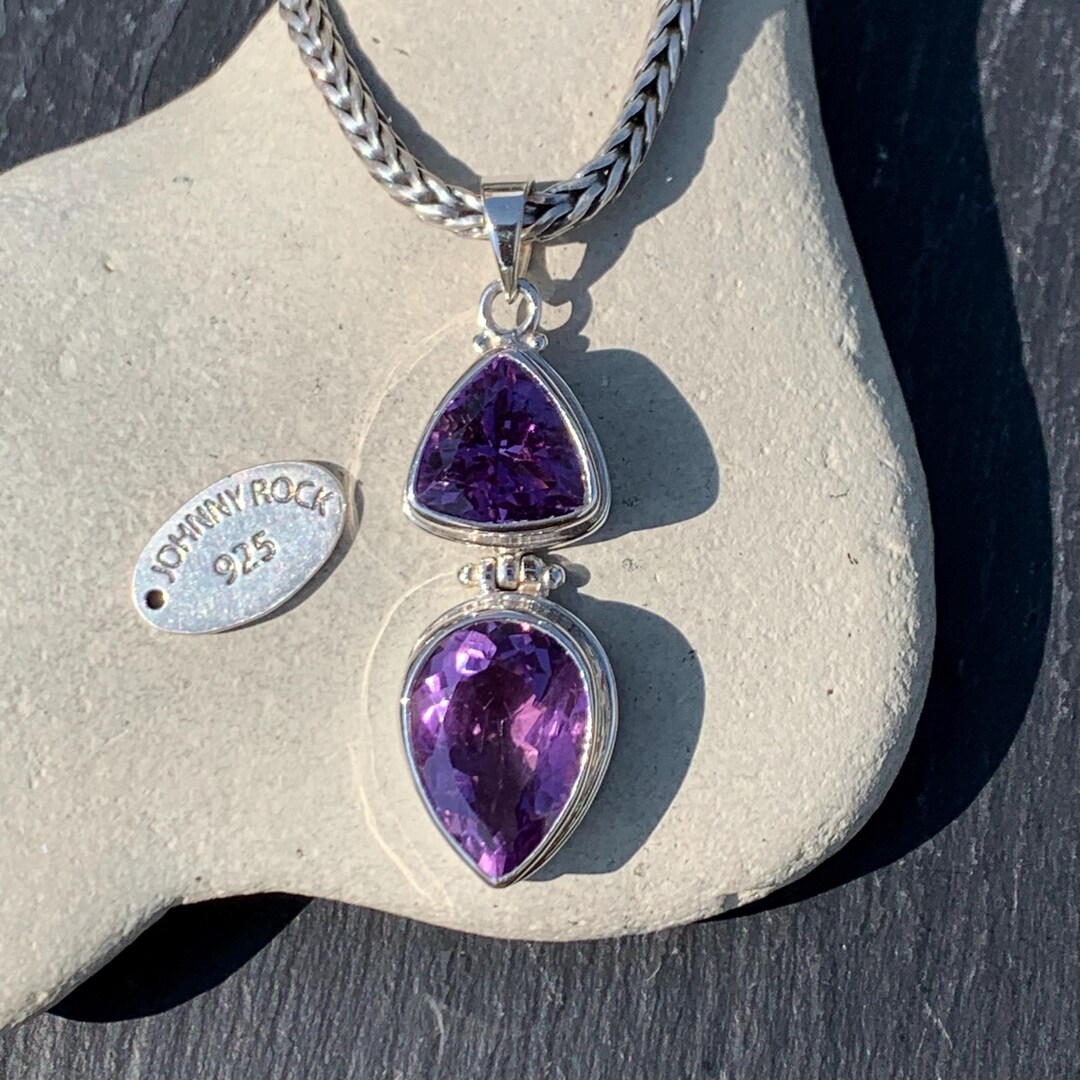 Faceted Trillion and Pear Cut Amethyst Pendant, Handmade in 925 ...