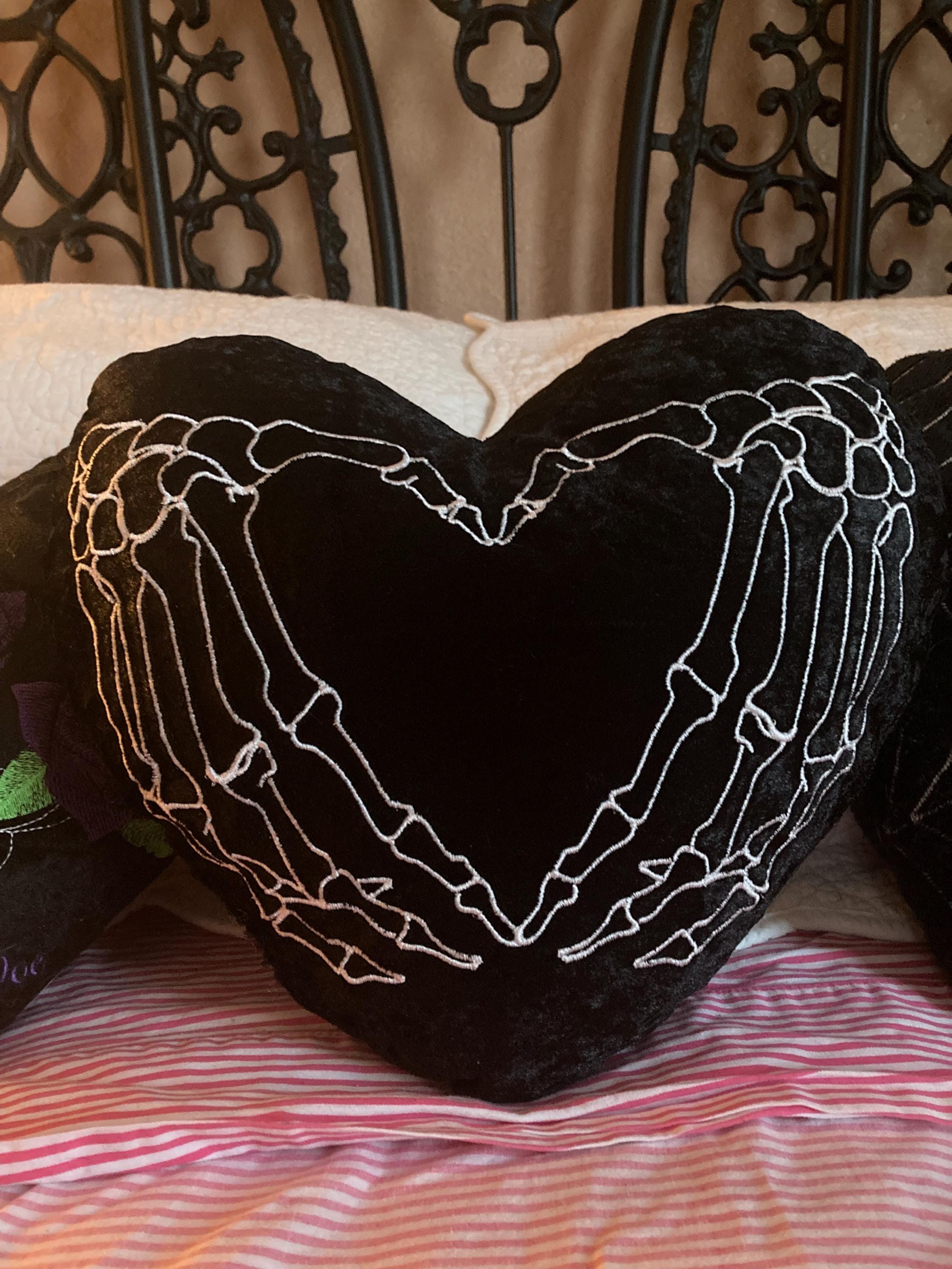Embroidered Skeleton Hands Heart Pillow - Gothic Velvet Valloween Decor ...