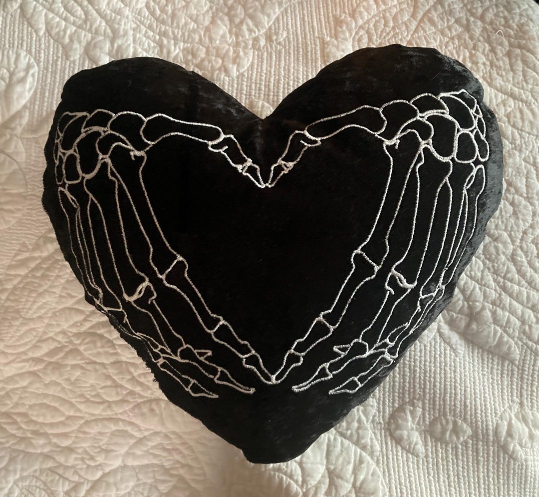 Embroidered Skeleton Hands Heart Pillow - Gothic Velvet Valloween Decor ...
