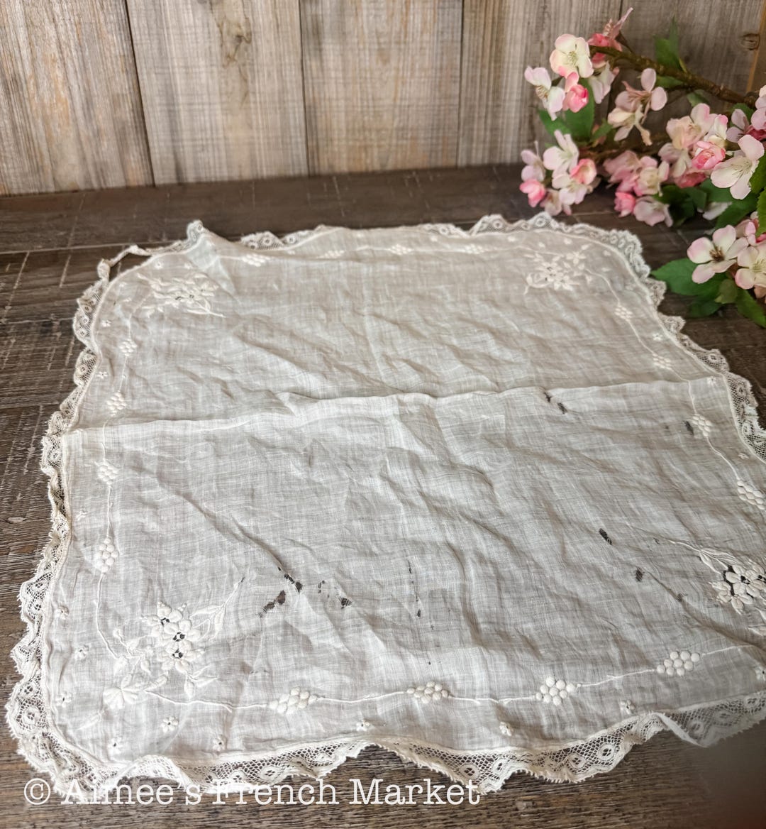 Antique French Victorian Whitework Embroidered Handkerchief – Delicate ...
