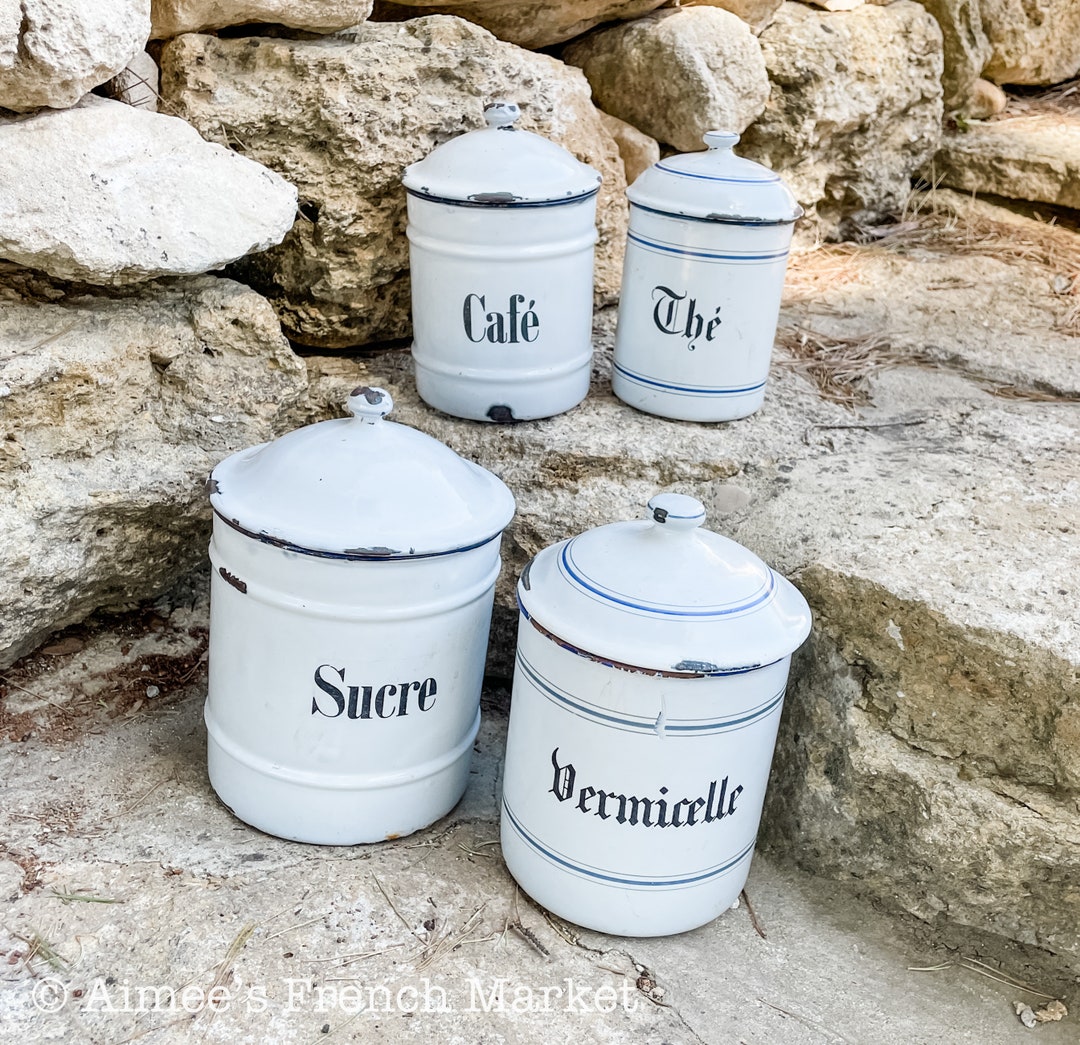 French Vintage Enamelware Canister Set, Blue Enamelware, 4 Canisters ...