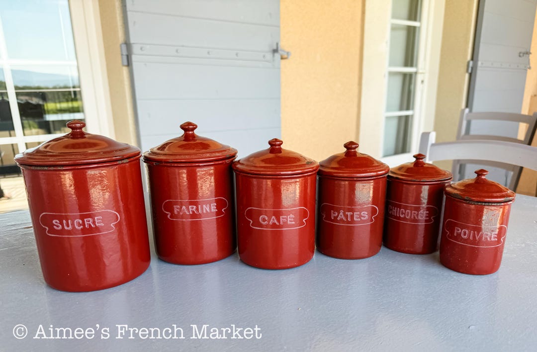 French Vintage Enamelware Canister Set From B.B. Freres, Rare Dark Red ...