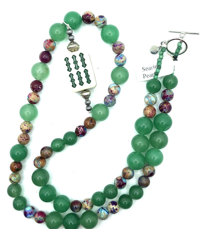 Sea Sediment Imperial Jasper and Jade Necklace With an Antique Mahjong ...