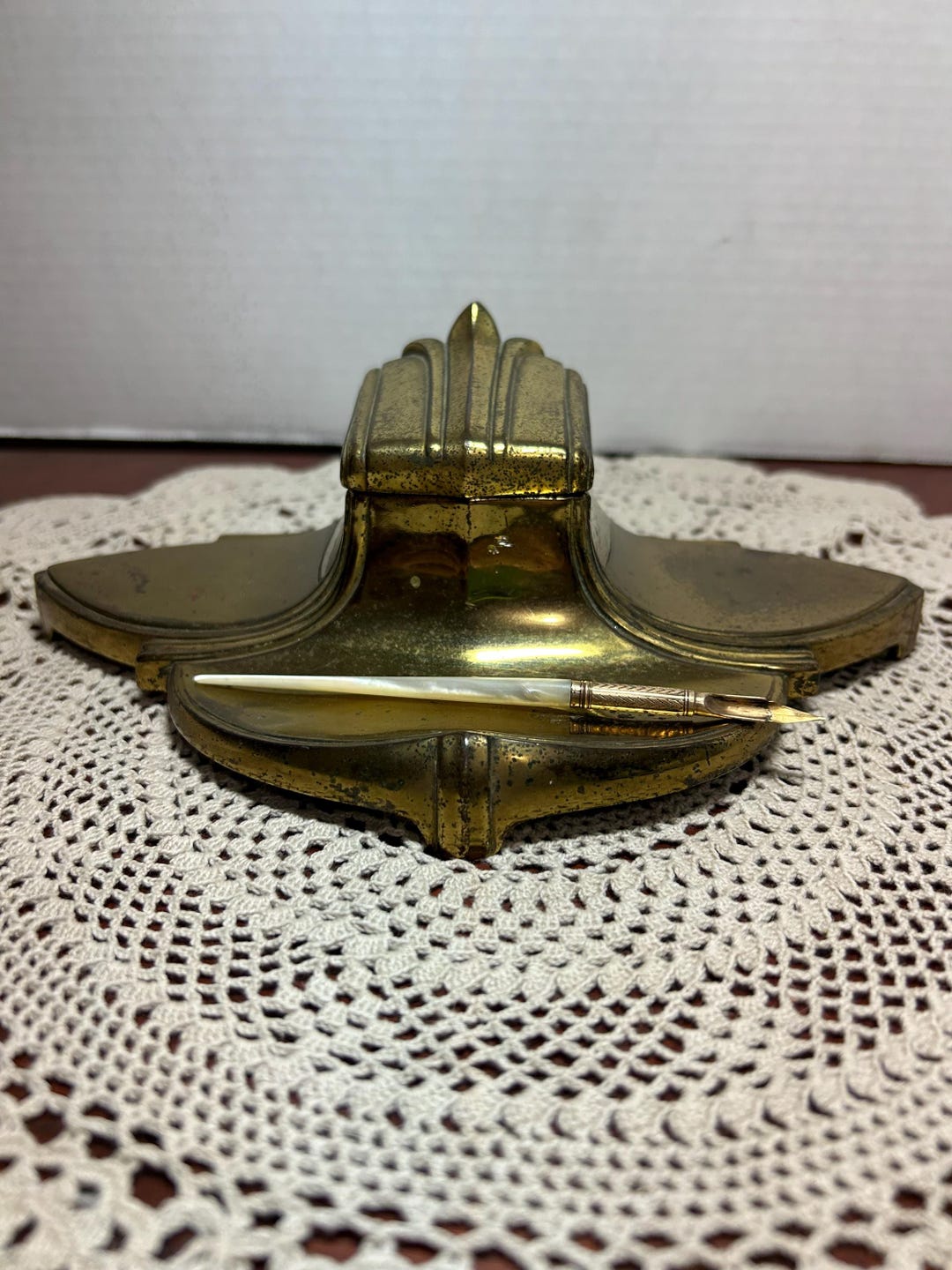 Brass Ink Well Desk Set With a Colbalt Blue Cup and Pen With Mother of ...