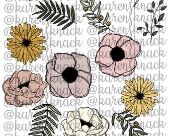 Flower Sublimation PNG Design Hand Drawn Flower Bundle Digital Download ...
