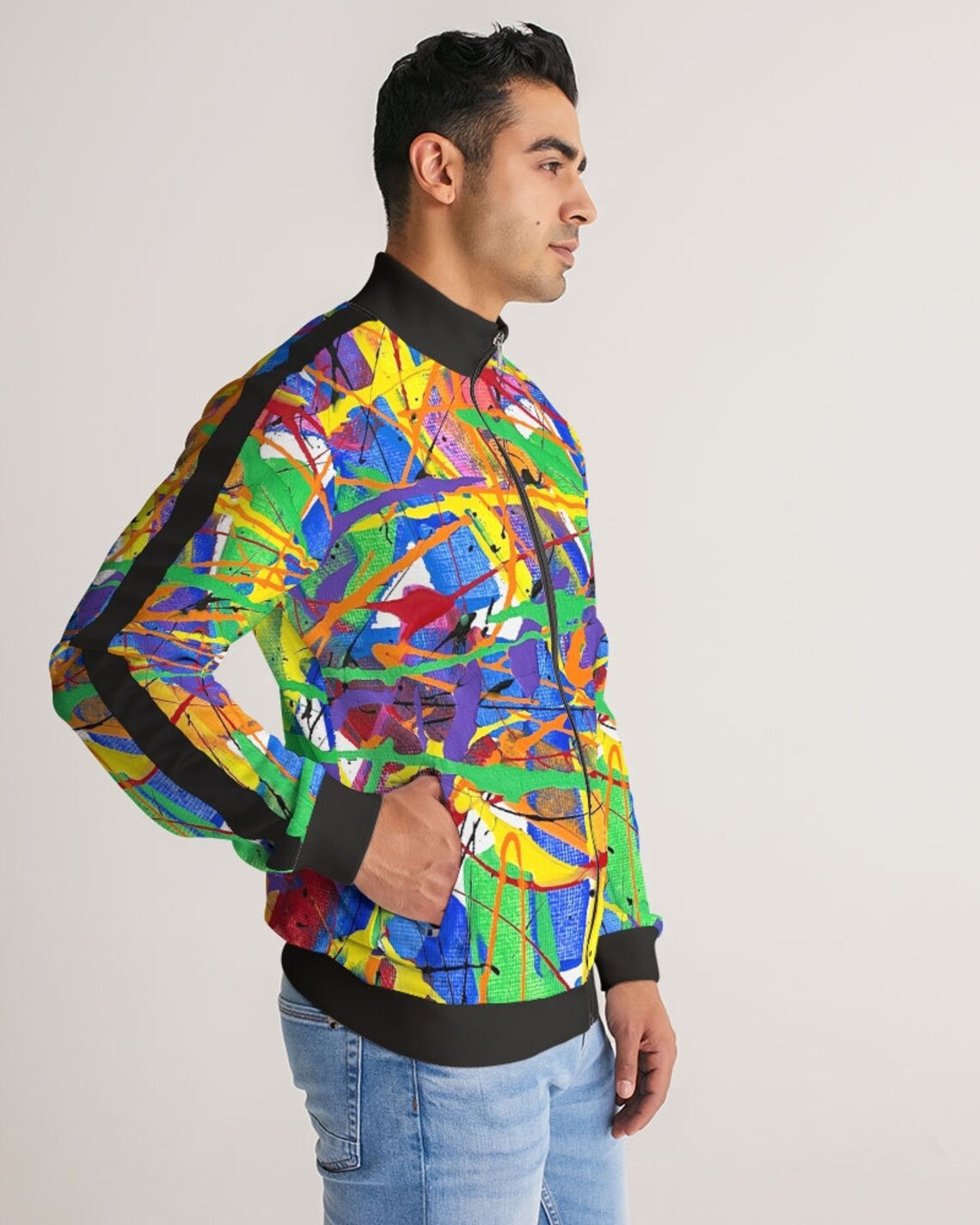 Men's Stripe-sleeve Track Jacket, Rainbow Jacket, Abstract Art Jacket ...
