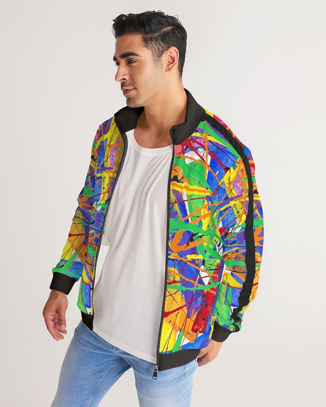 Men's Stripe-sleeve Track Jacket, Rainbow Jacket, Abstract Art Jacket ...