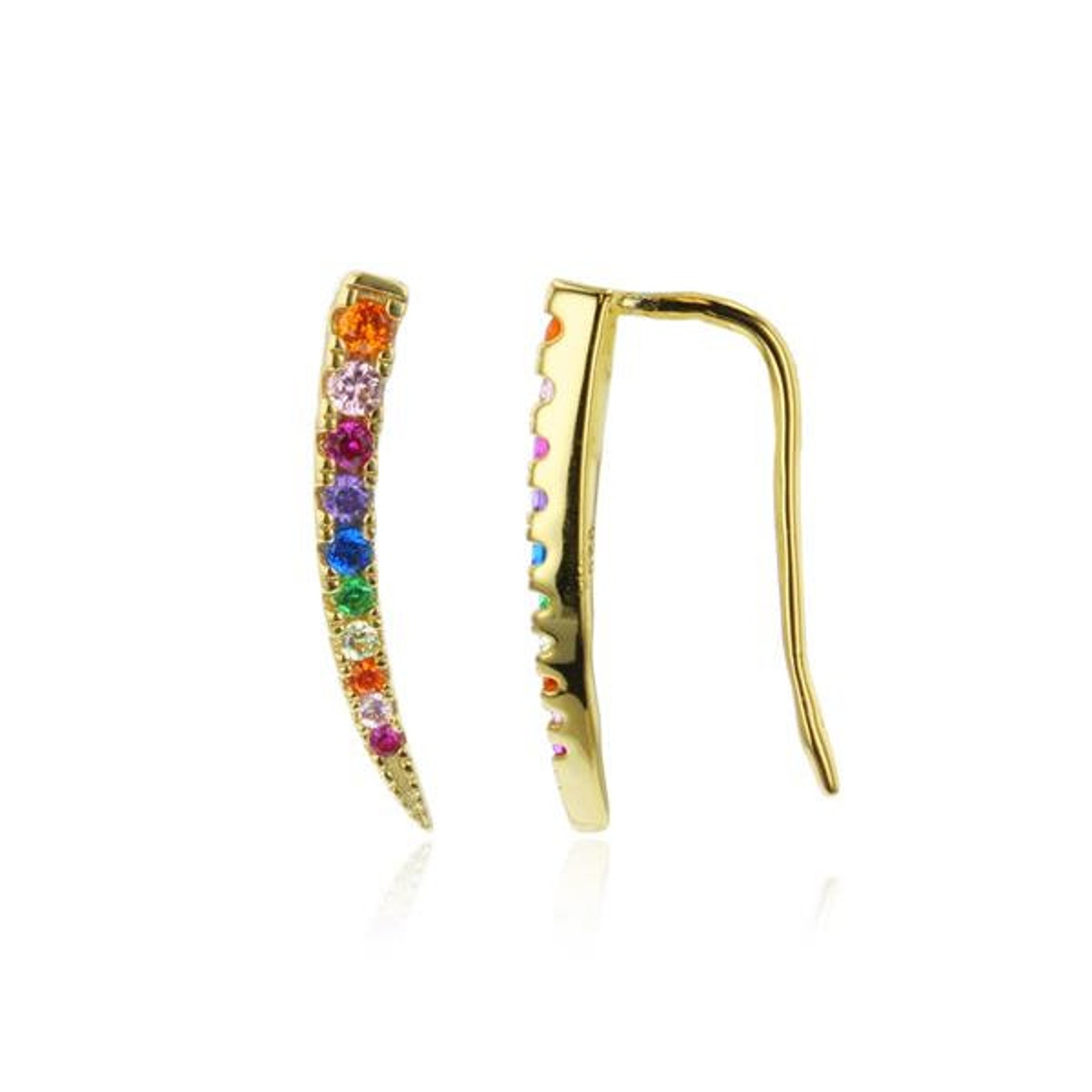 925 Sterling Silver Rainbow Curved Bar Ear Crawler Earring | Etsy