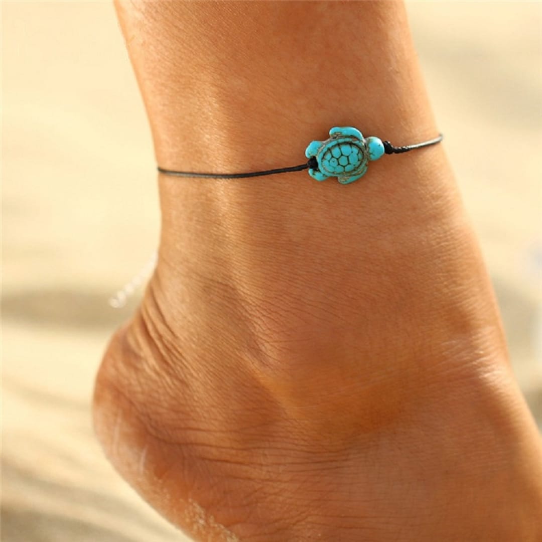 Genuine Leather & Turquoise Turtle Ankle Bracelet - Etsy
