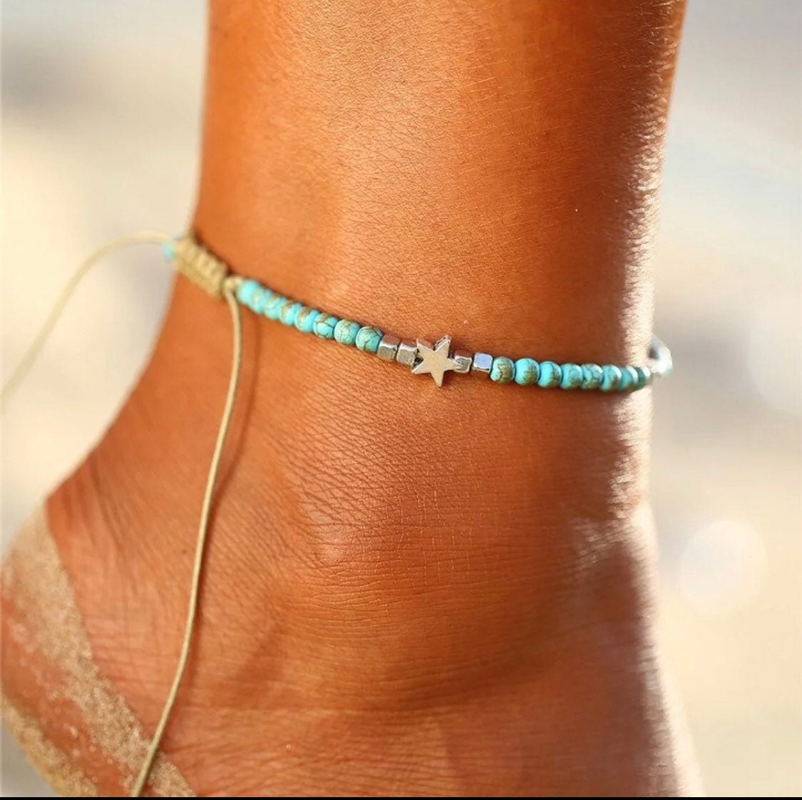 Genuine Seashell & Turquoise Beaded Anklet Set - Etsy
