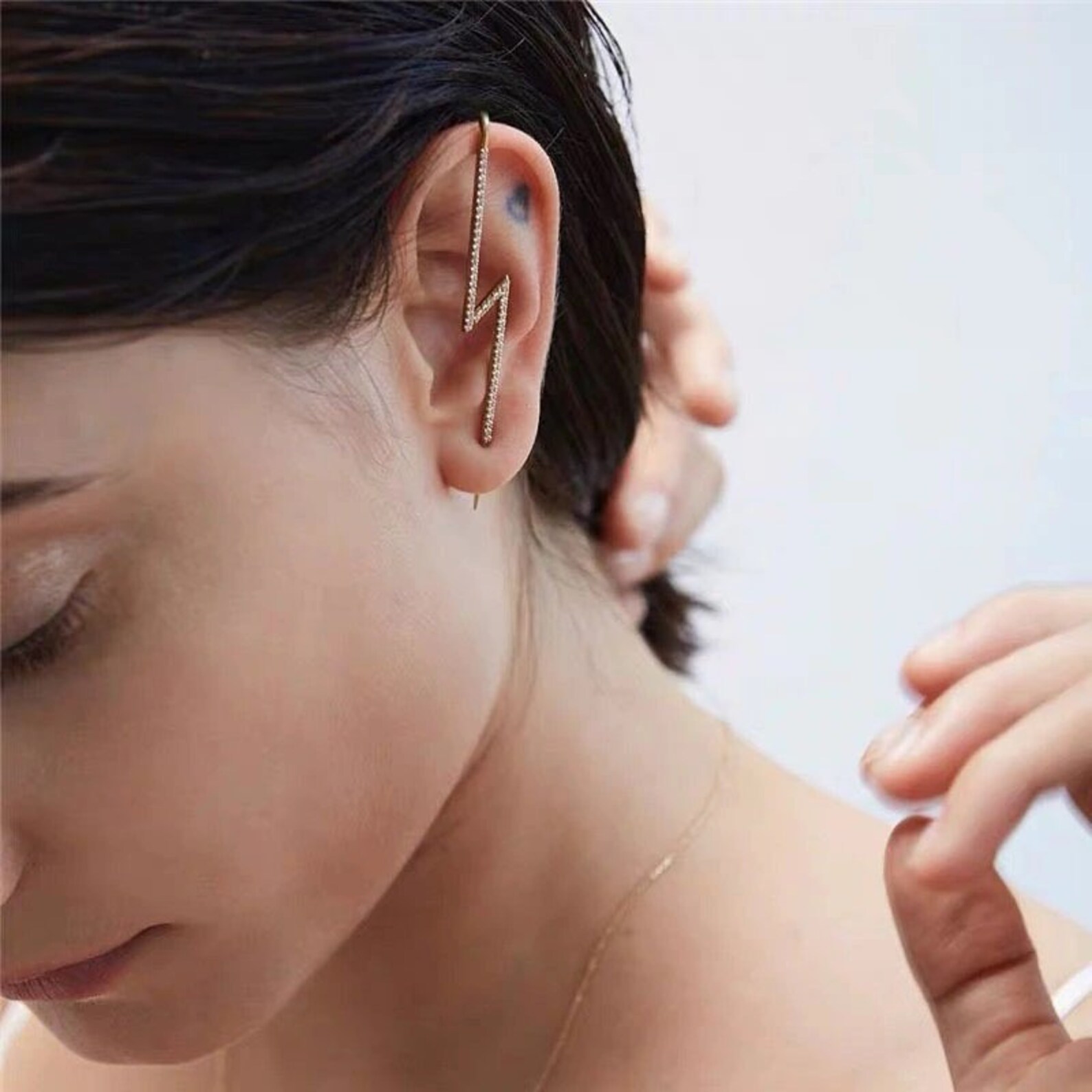 Gold Plated Micro Pave Lightning Bolt Ear Cuff Bar Earring - Etsy