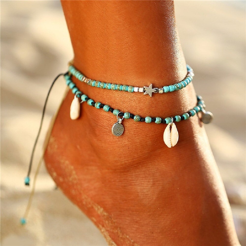 Genuine Seashell & Turquoise Beaded Anklet Set - Etsy