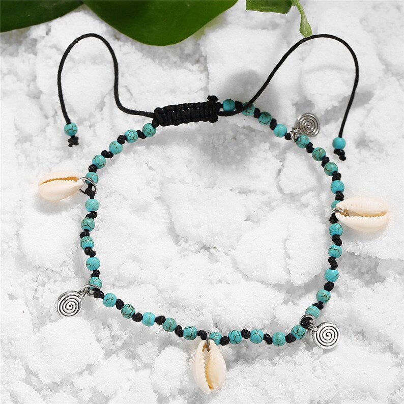 Genuine Seashell & Turquoise Beaded Anklet - Etsy