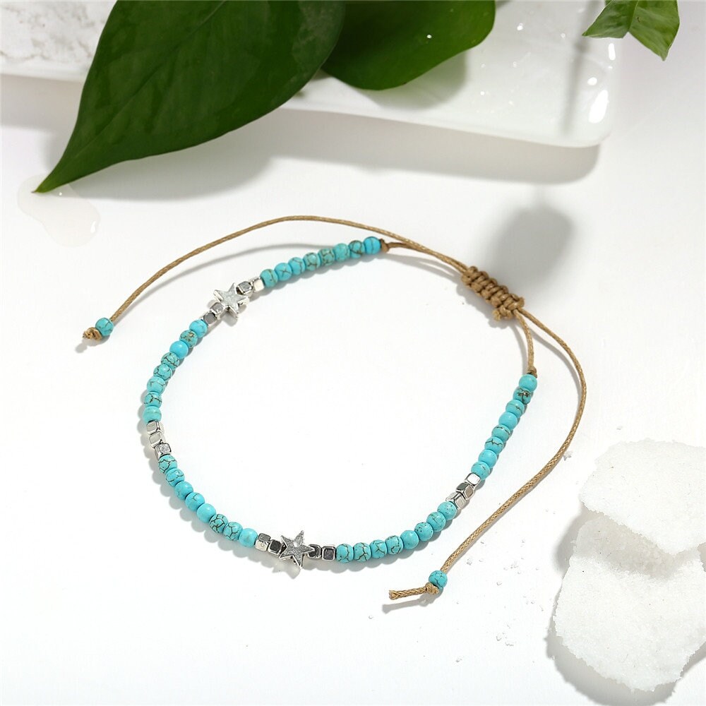Genuine Seashell & Turquoise Beaded Anklet Set - Etsy
