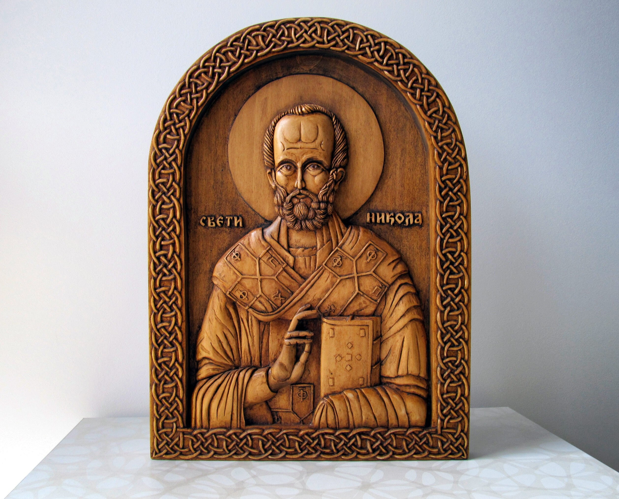 Saint Nicholas Orthodox Icon Handmade Wood Carving, Nicholas of Myra ...