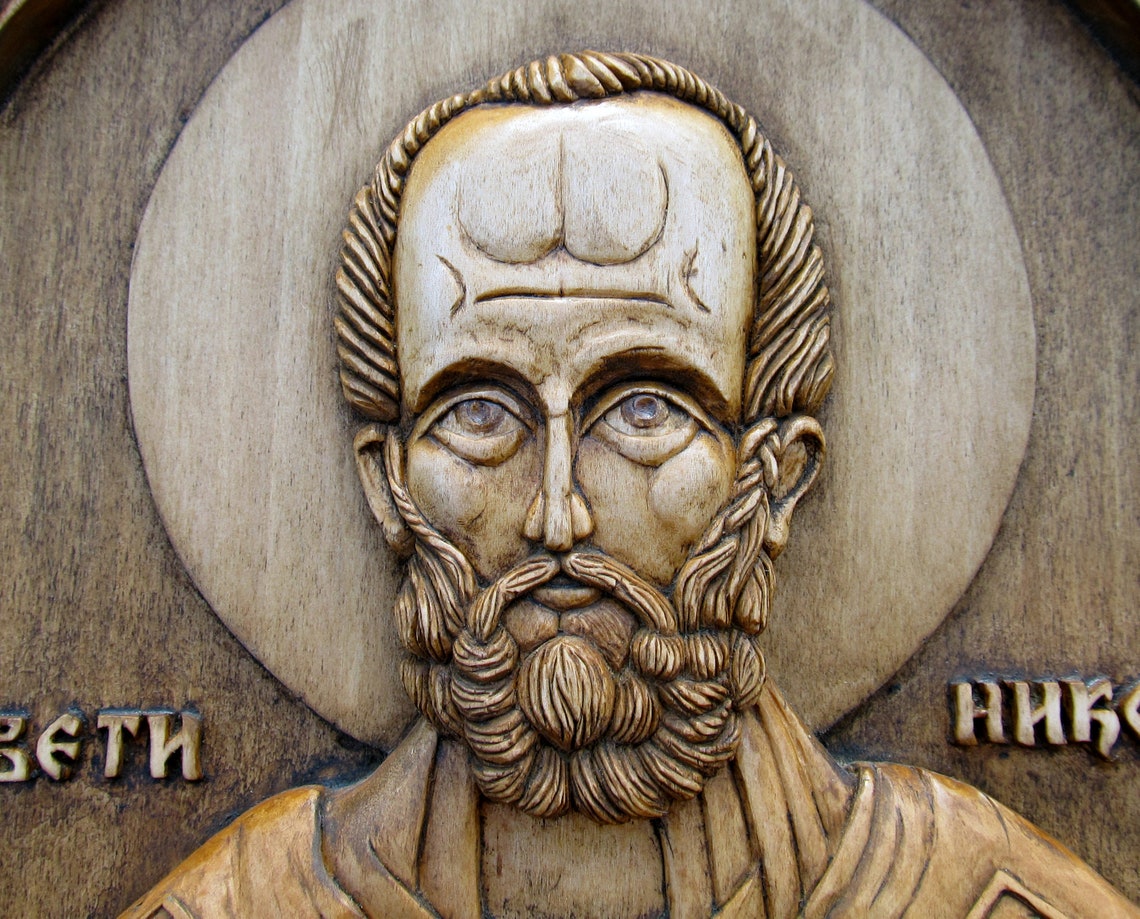 Saint Nicholas Orthodox Icon Handmade Wood Carving, Nicholas of Myra ...
