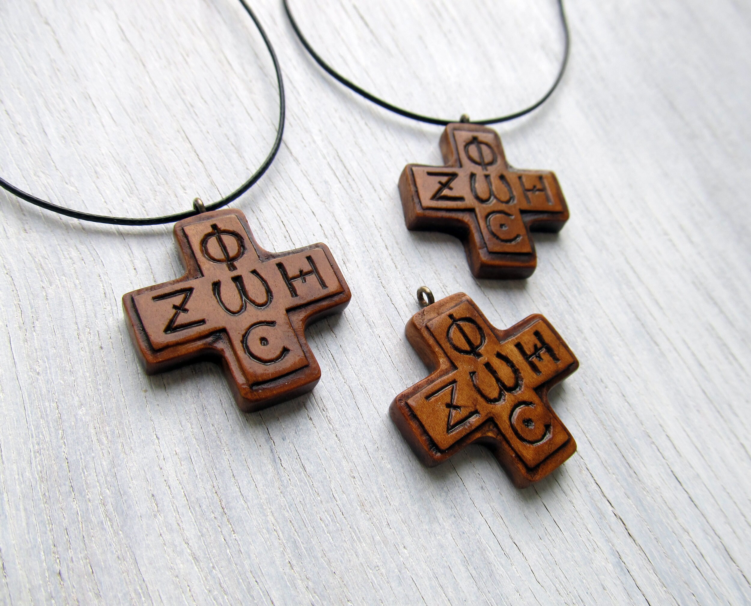 Wooden Greek Orthodox Cross Necklace Phos Zoe Hand Carved - Etsy