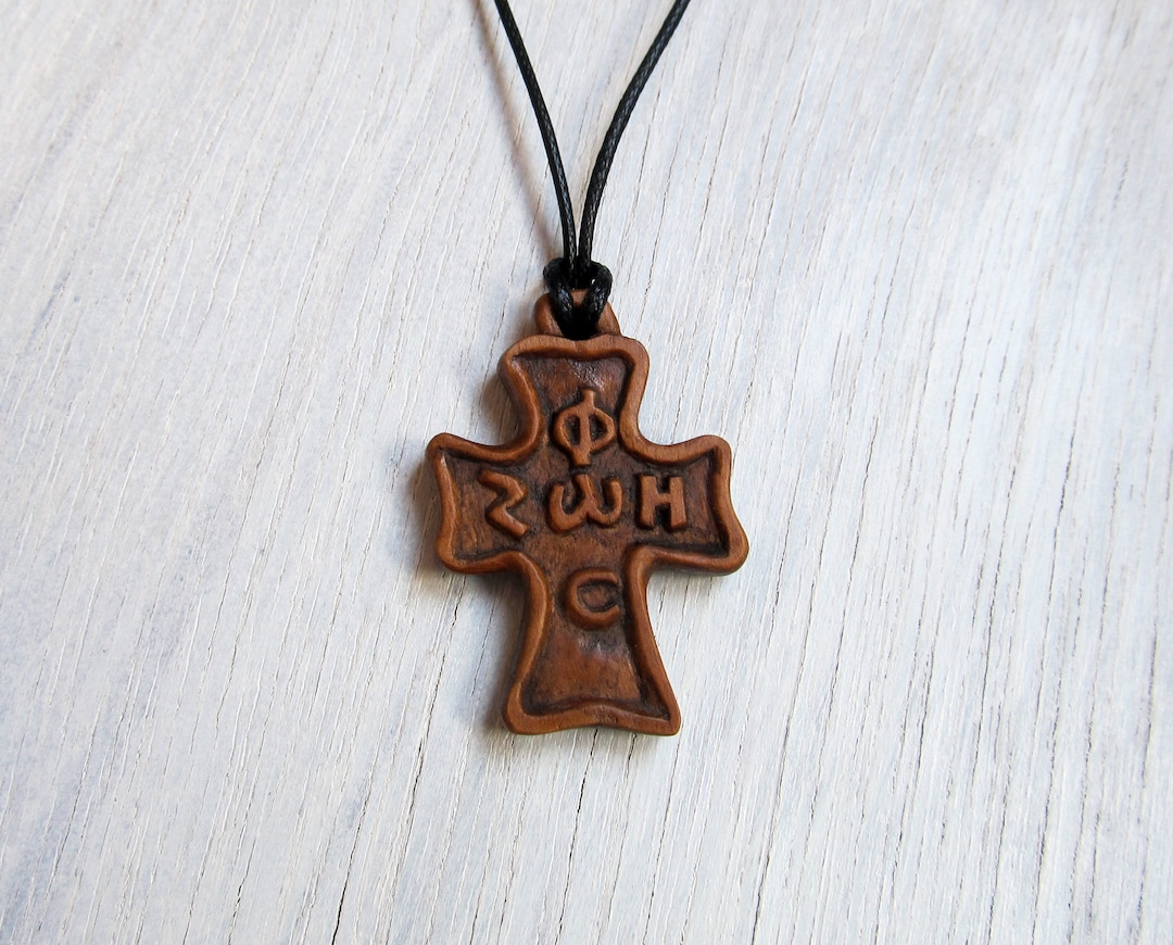 Wood Phos Zoe Greek Cross Byzantine Necklace, Hand Carved Rustic Wooden ...