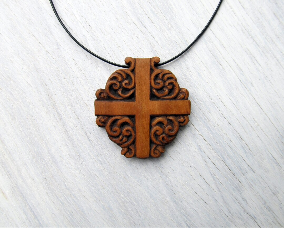 Wood Pendant Necklace Ornate Cross , Ornately Hand Carved Wood Cross ...