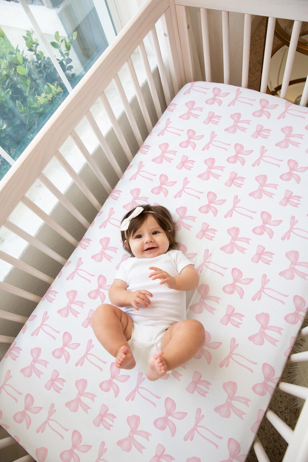 Pink Bow Crib Sheet –custom Coquette Aesthetic Nursery Bedding, Soft ...