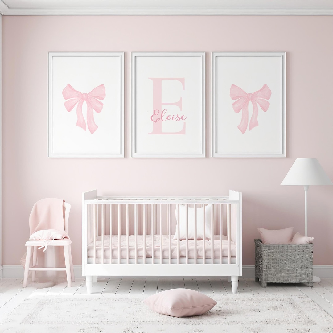 Personalized Pink Bow Art Prints - Set of Three Baby Pink Bow Prints ...