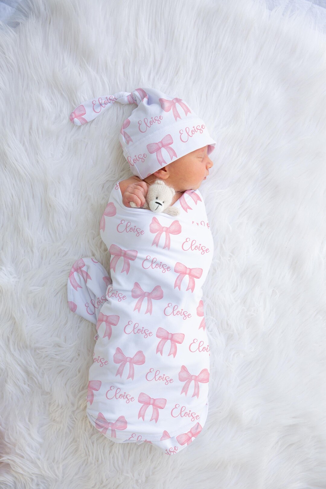 Pink Bow Swaddle Set- Personalized Baby Girl Swaddle Blanket Headband ...