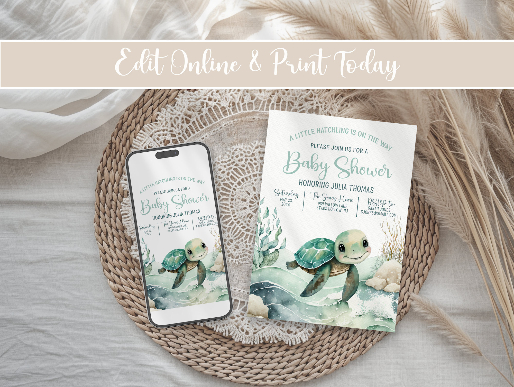 Printable Sea Turtle Baby Shower Invitation - Editable Ocean Themed ...