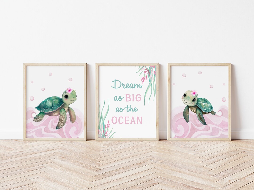 Baby Girl Sea Turtle Art Prints - Set of Three Ocean Nursery Prints ...
