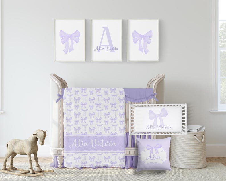 Personalized Purple Bow Crib Bedding Set | Coquette Baby Girl Nursery ...