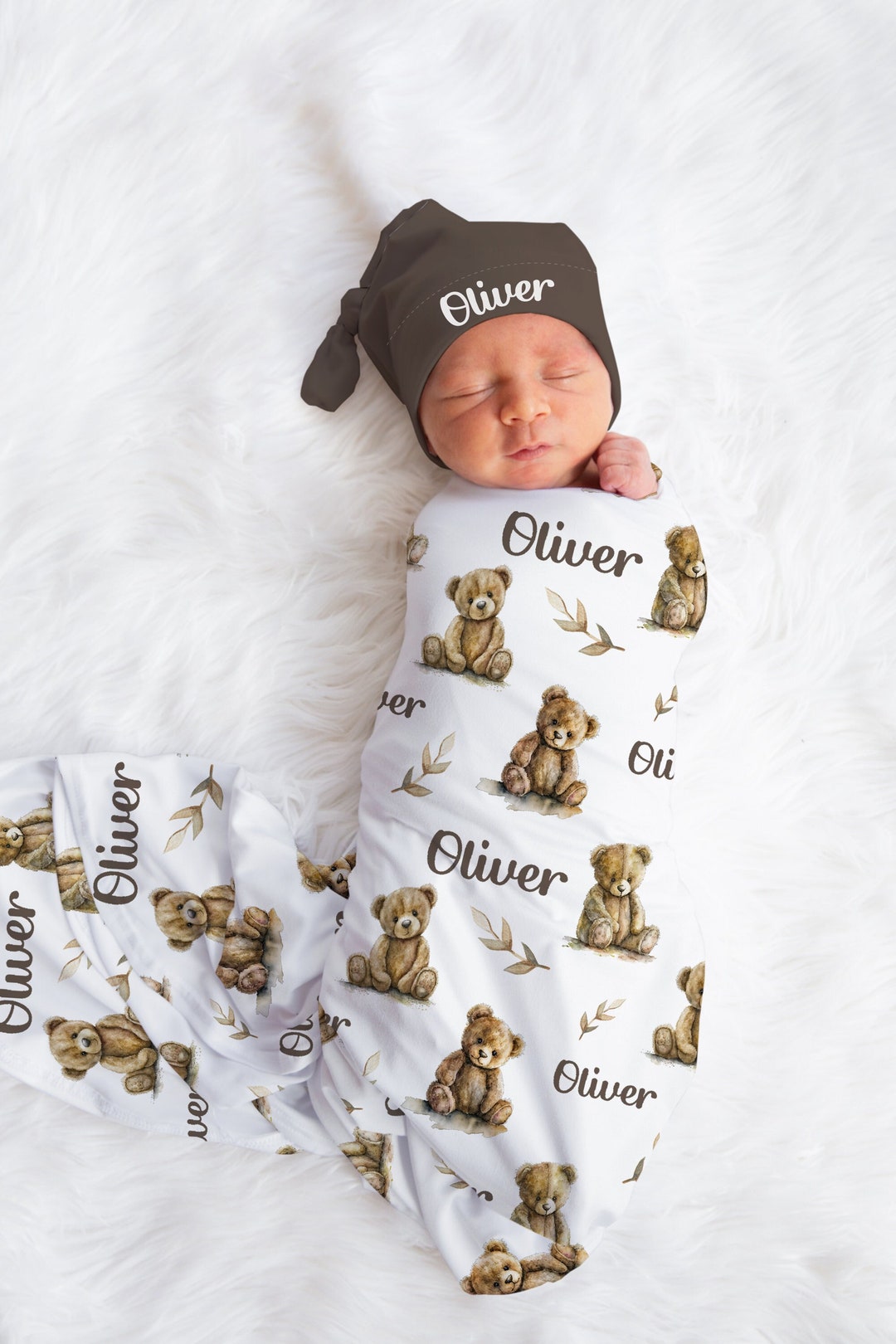 Personalized Teddy Bear Swaddle Set -custom Baby Boy Blanket Hat Set -baby Boy Shower Gift ...
